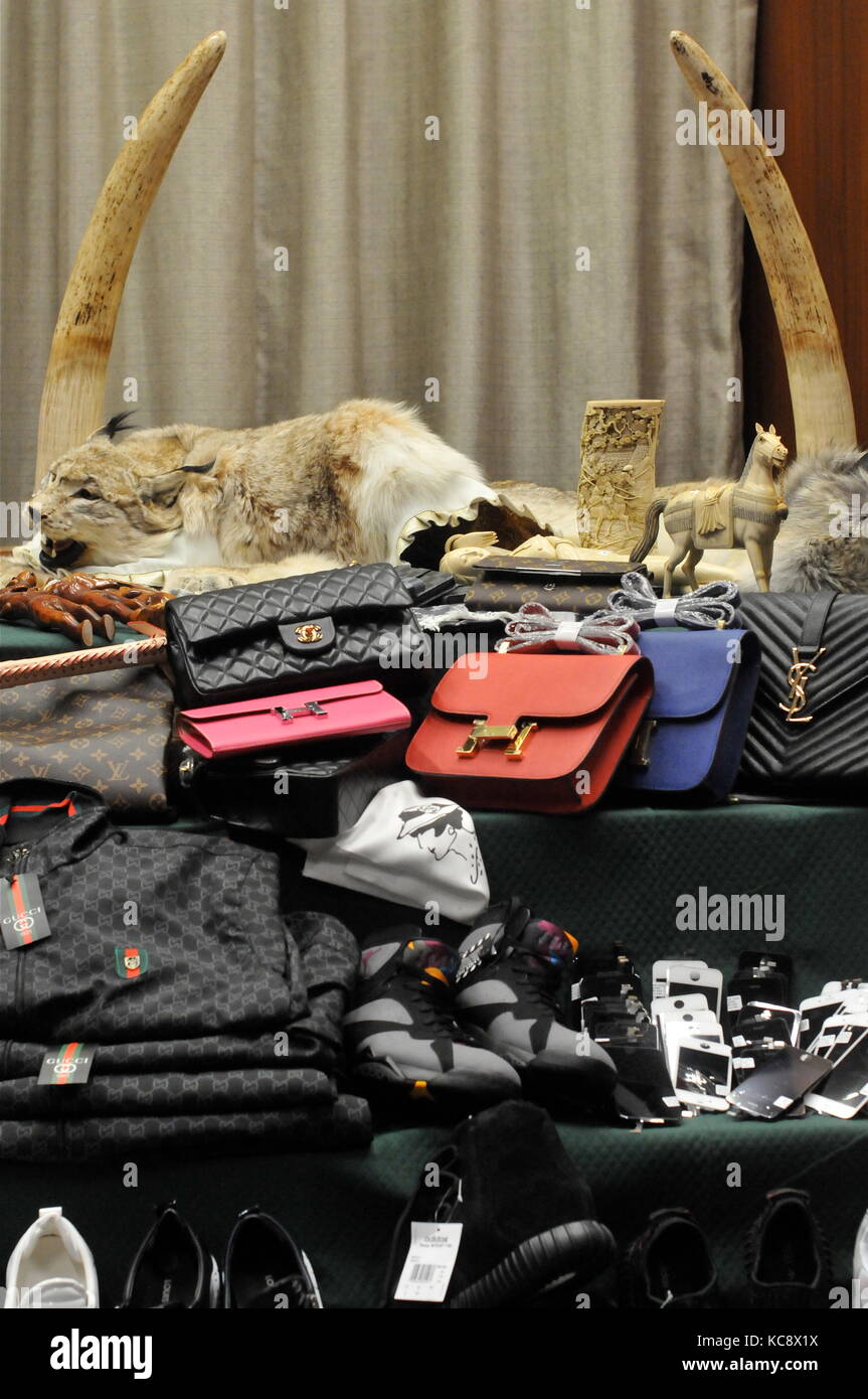 Presentation of illegal items seized by French Customs, Villeurbanne ...