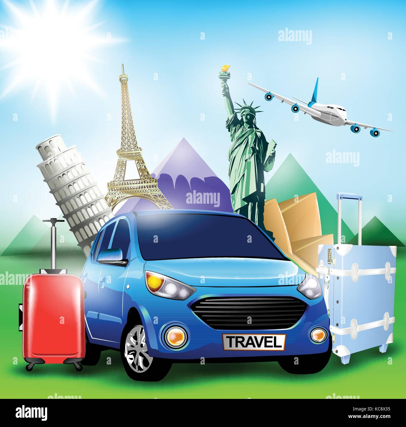 Blue Travel Car together with Plane and World's Famous Landmarks with ...