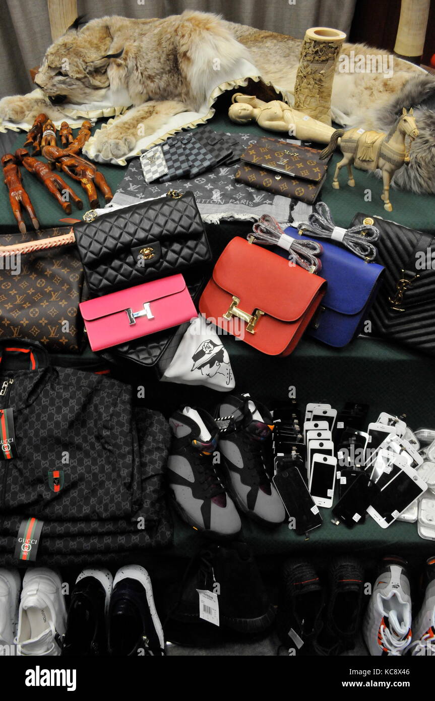 Presentation of illegal items seized by French Customs, Villeurbanne ...