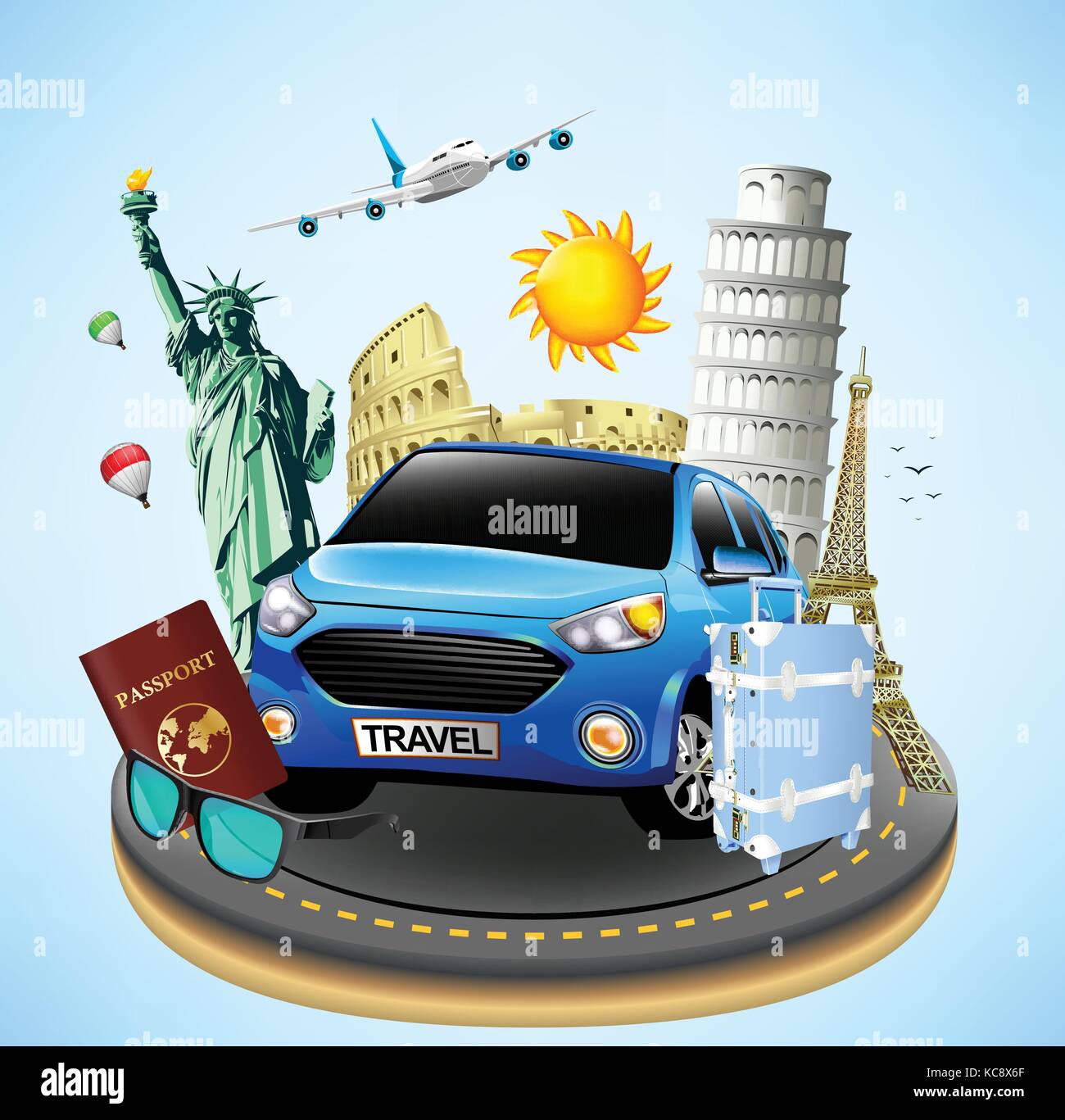 World's Well Known Landmarks on a Road Island with Travel Objects Stock ...