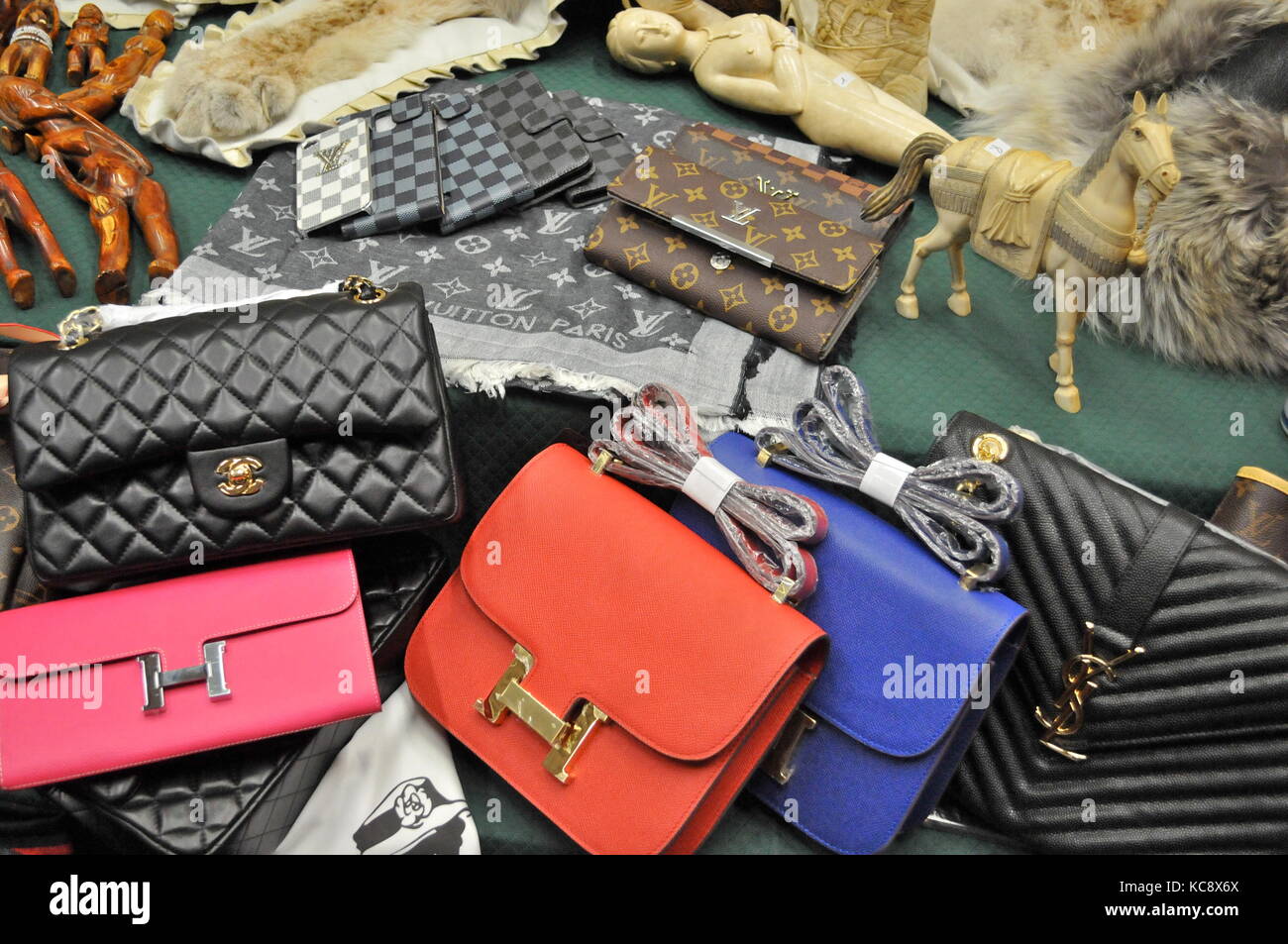 Presentation of illegal items seized by French Customs, Villeurbanne ...