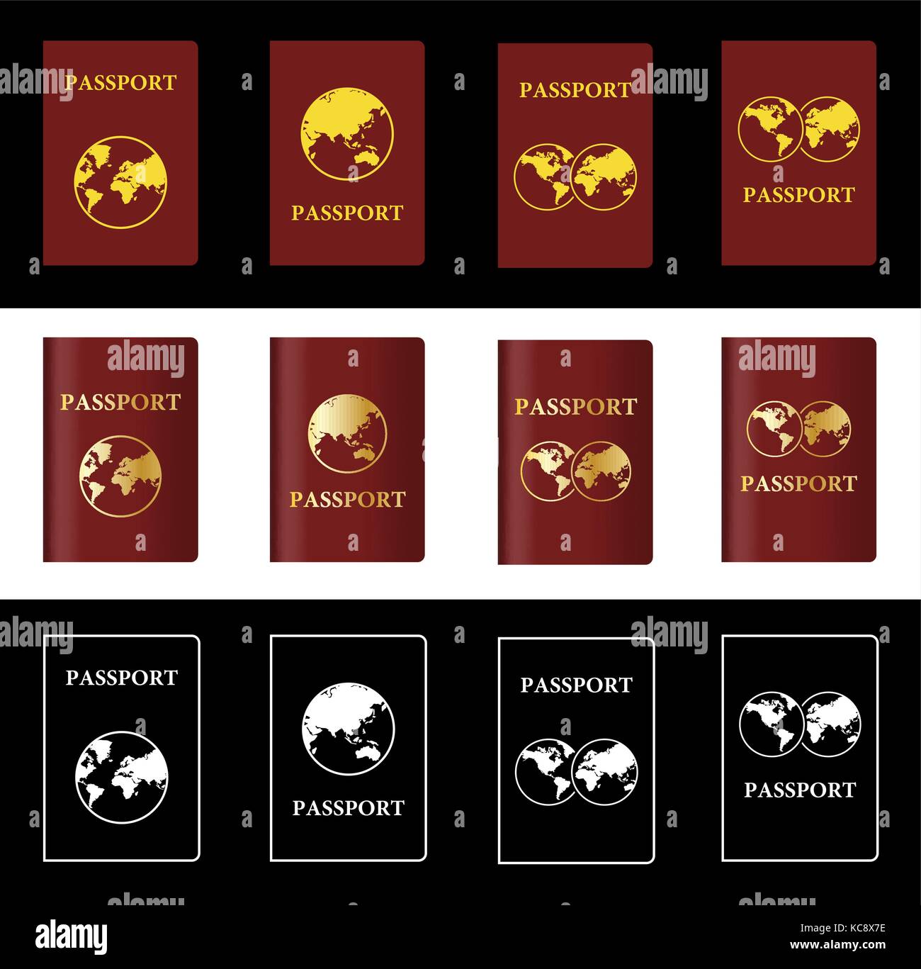 Four Different Vector Maroon Passport with Globe. Vector Illustration ...