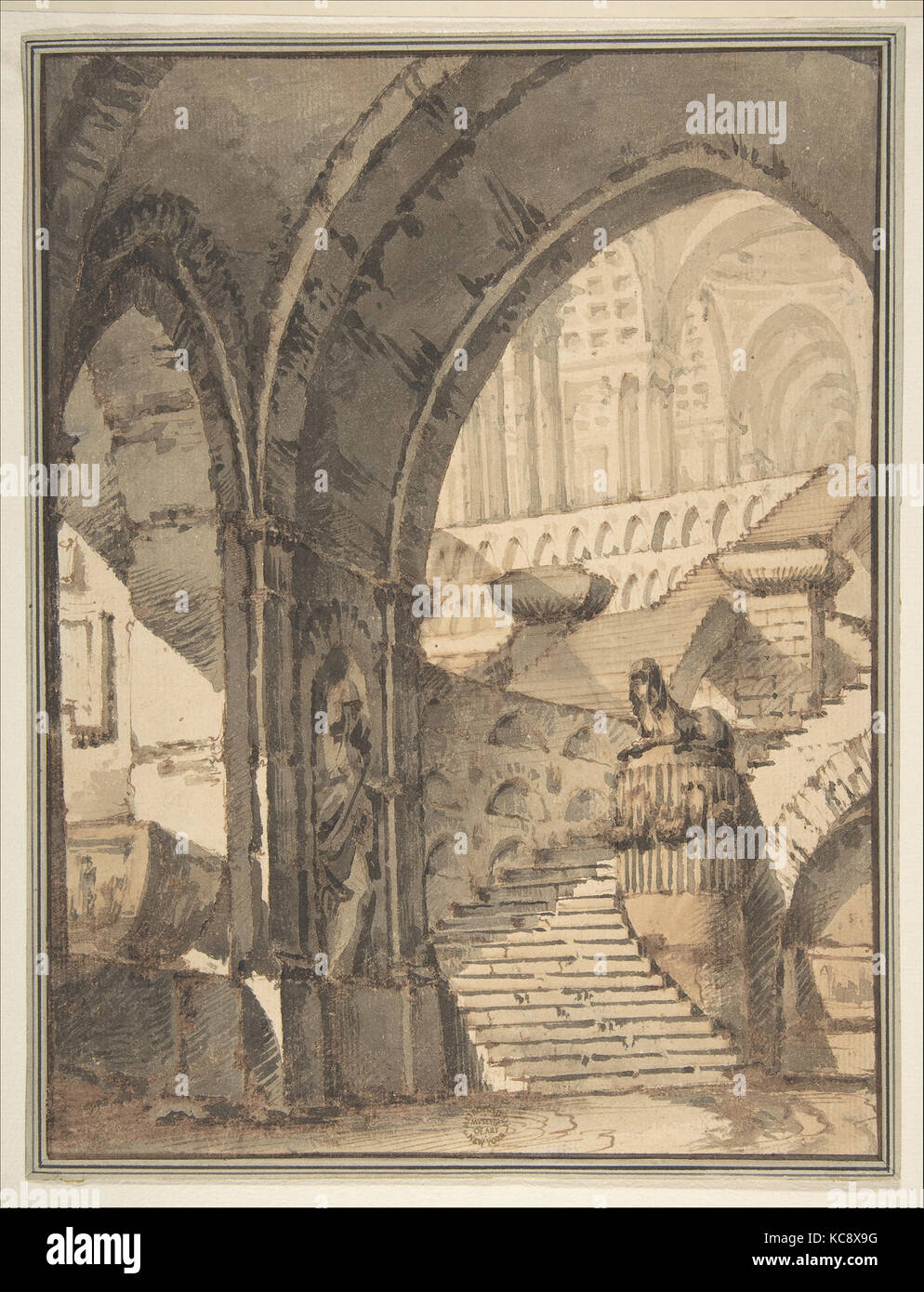Framed Design for a Stage Set with Arches, Stairs, Human Figure and ...