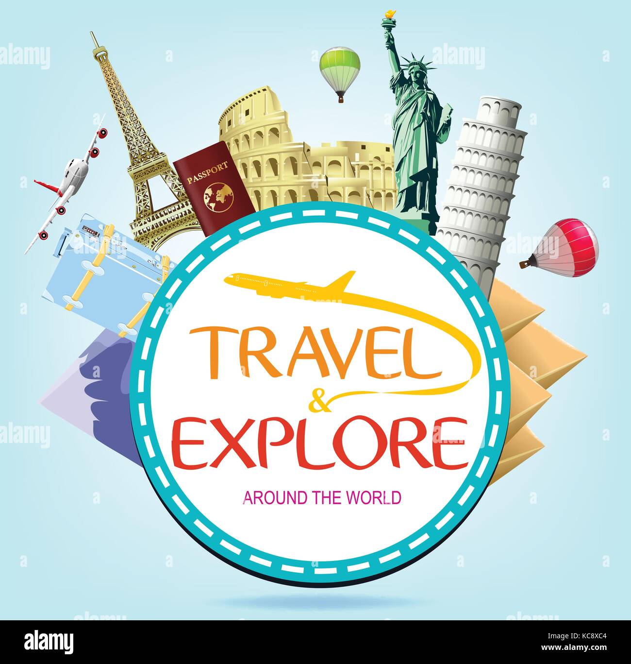 Travel and Explore Around the World Typography with Popular Landmarks ...