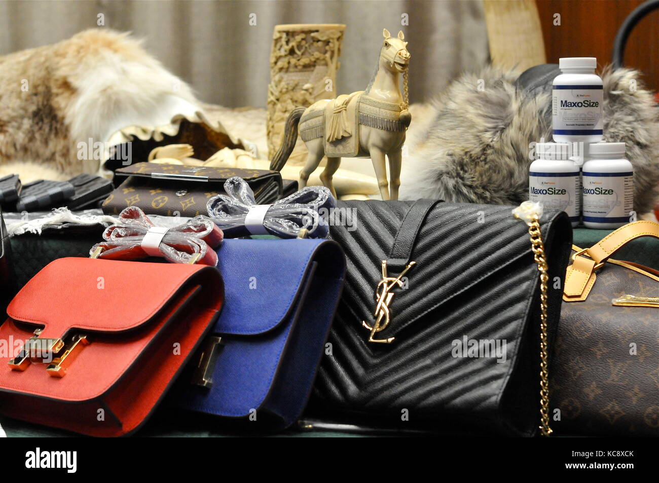 Presentation of illegal items seized by French Customs, Villeurbanne ...