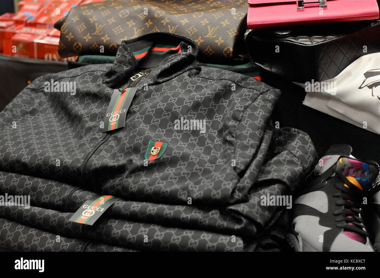 Presentation of illegal items seized by French Customs, Villeurbanne ...