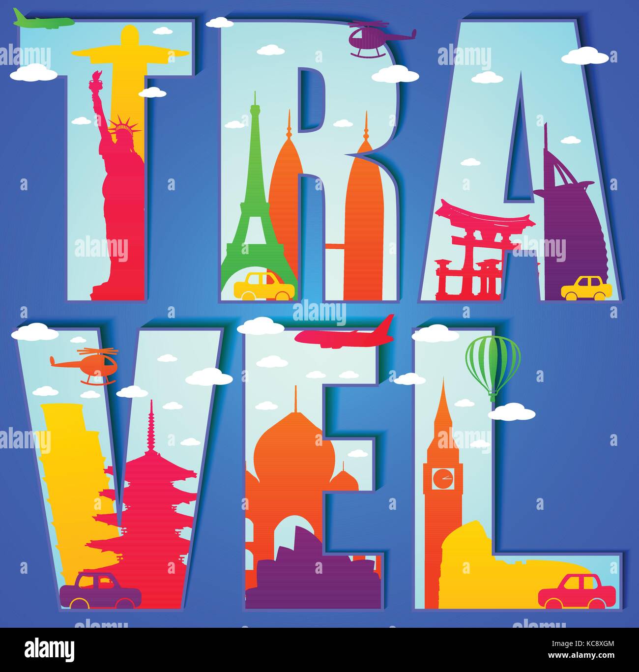 Vector Travel Text Concept with Famous Landmarks and Travel Objects ...