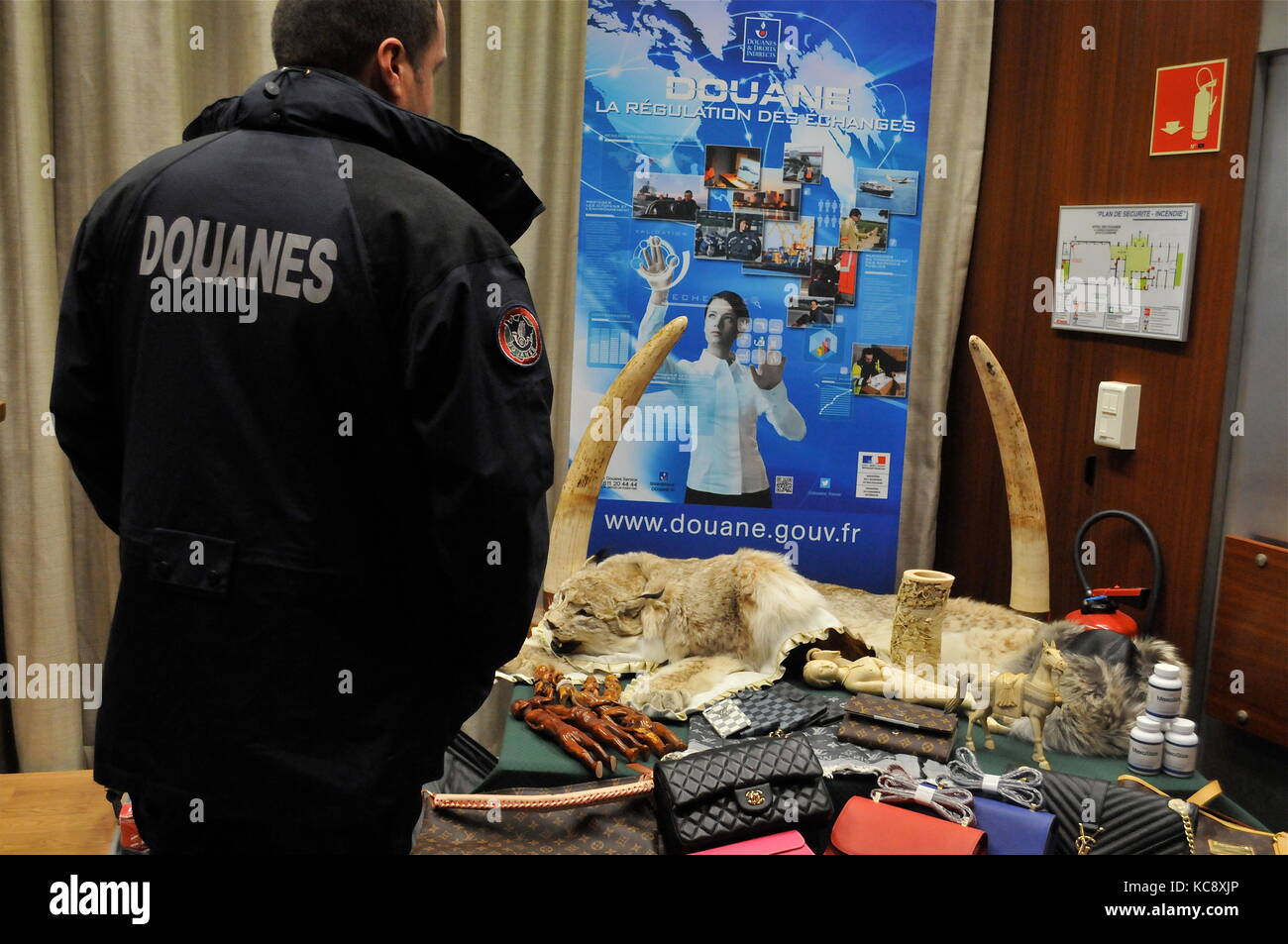 Presentation of illegal items seized by French Customs, Villeurbanne ...