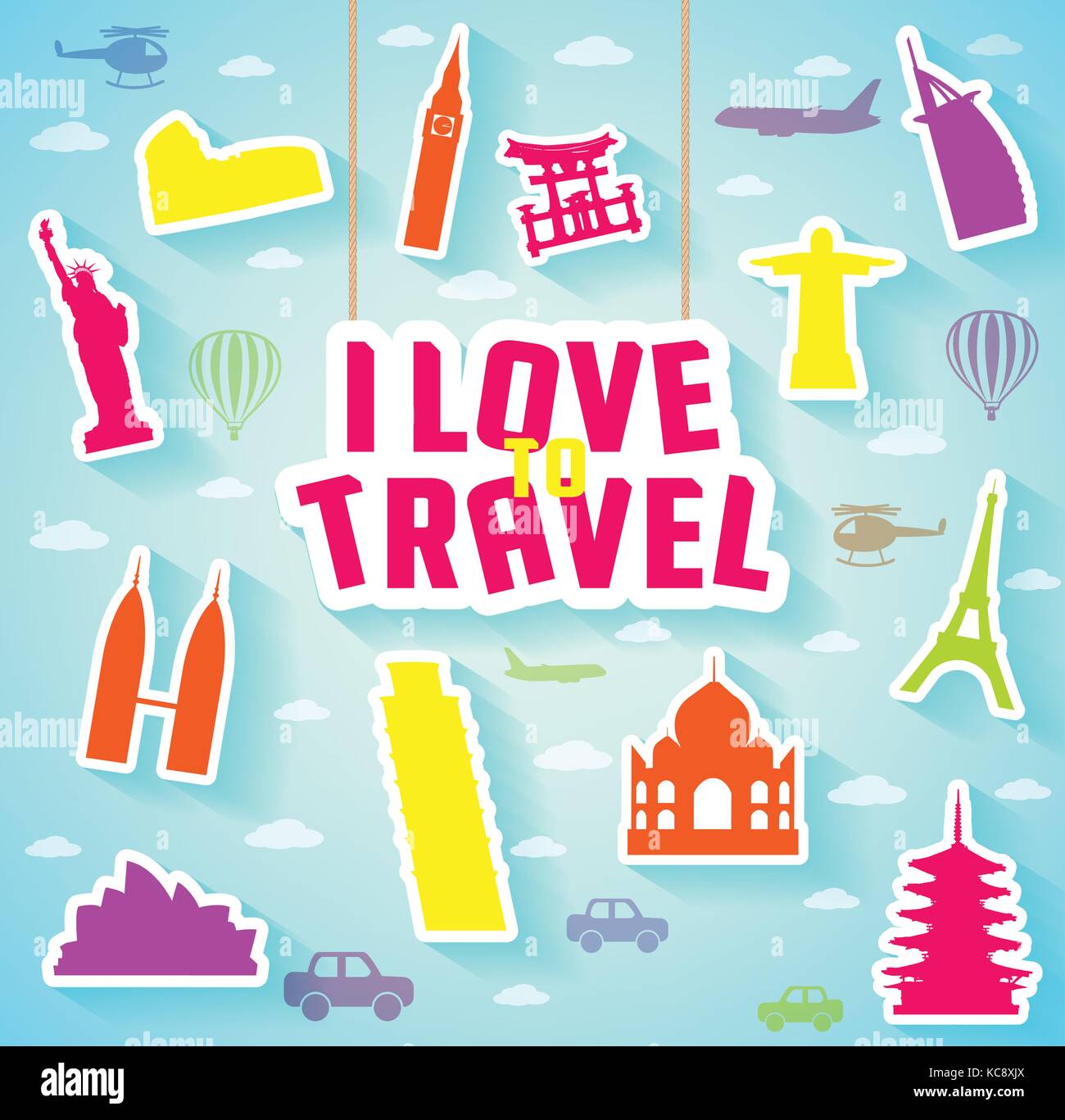 Hanging I Love to Travel Text with Iconic Landmarks. Vector ...