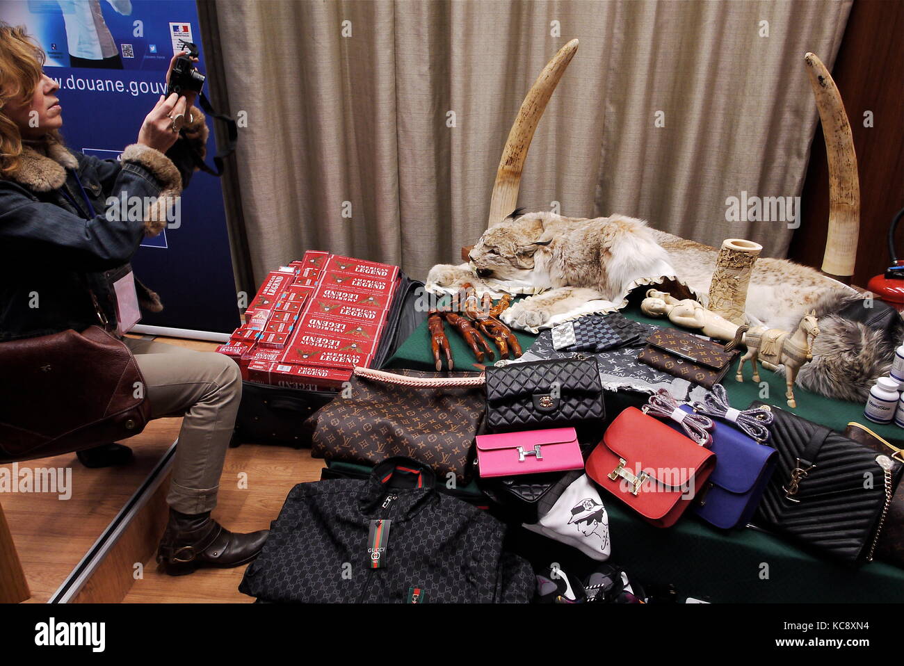 Presentation of illegal items seized by French Customs, Villeurbanne ...