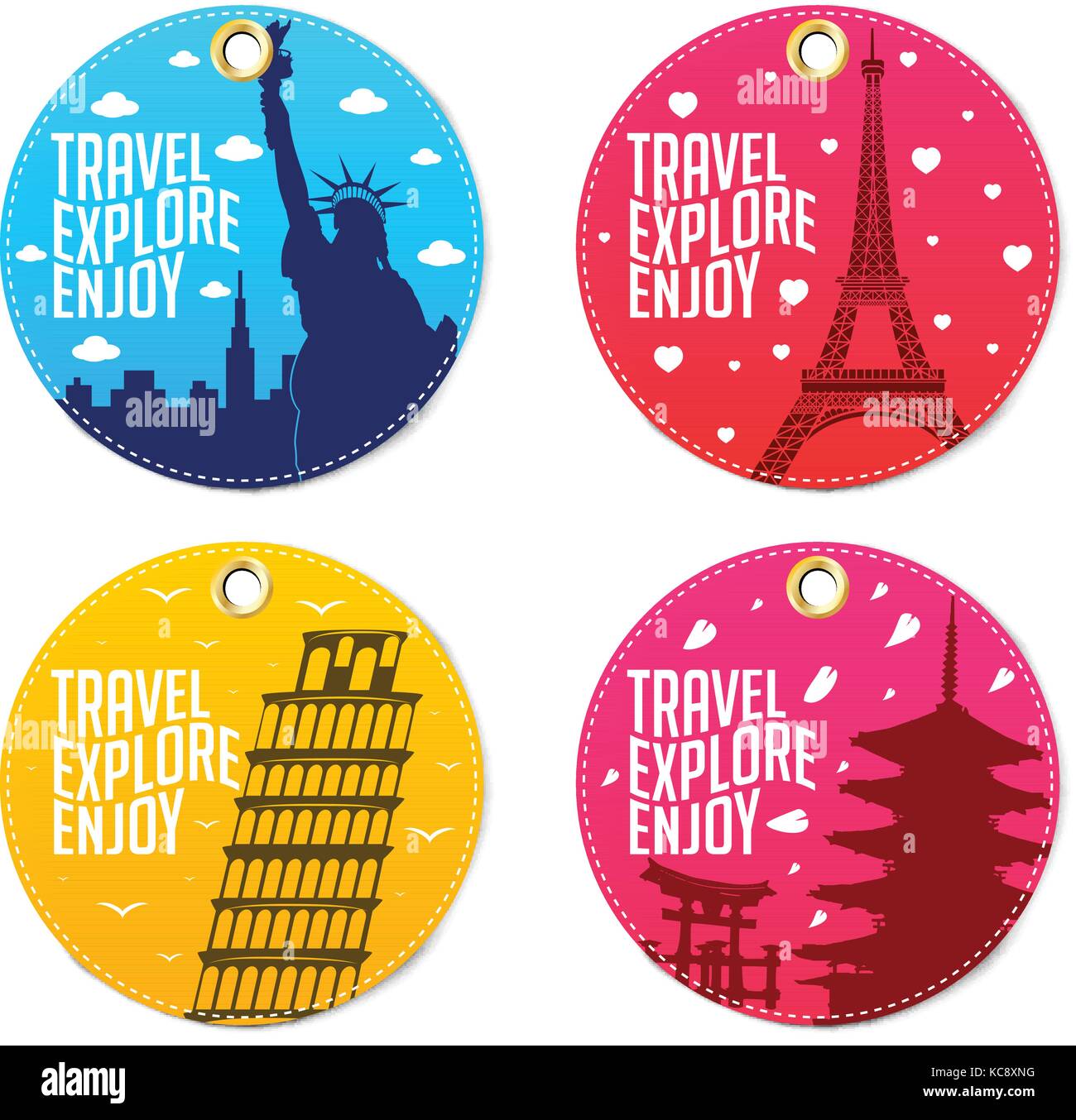 Colorful Travel Explore Enjoy Beautiful Round Tags or Bookmarks. Vector ...