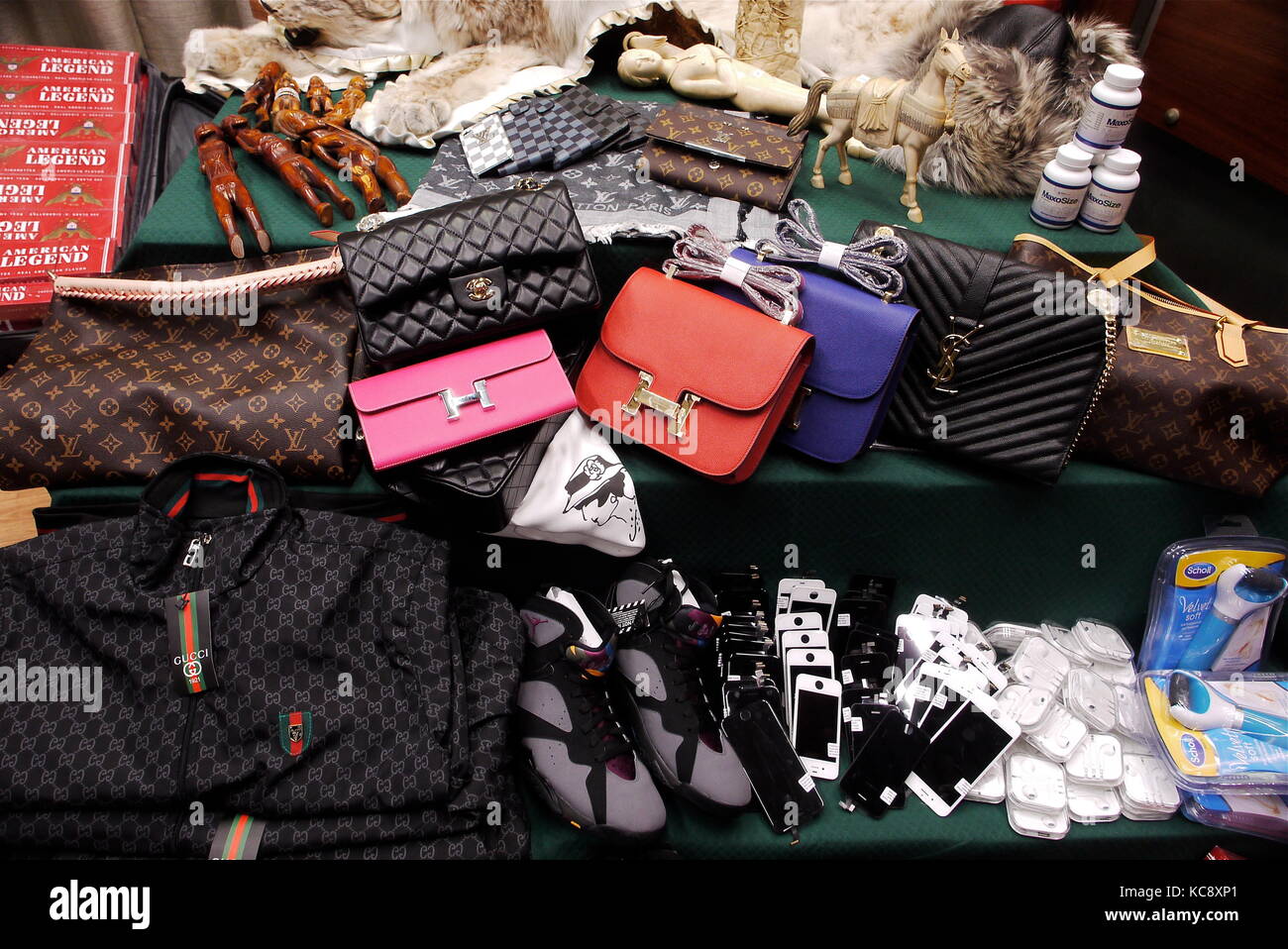 Presentation of illegal items seized by French Customs, Villeurbanne ...