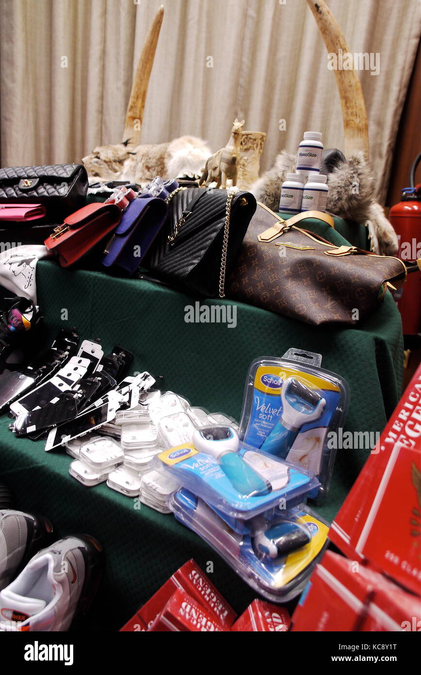 Presentation of illegal items seized by French Customs, Villeurbanne ...