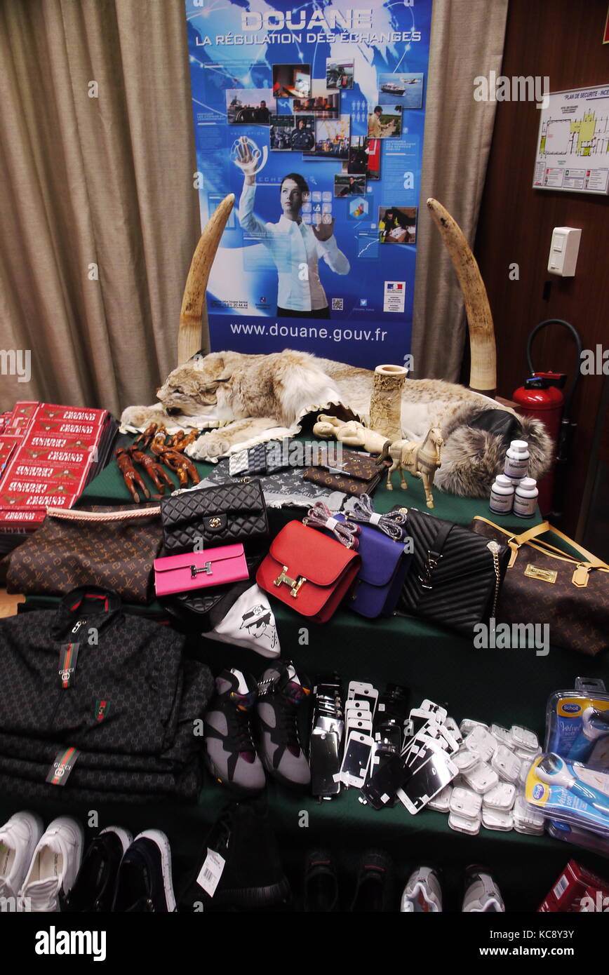 Presentation of illegal items seized by French Customs, Villeurbanne ...