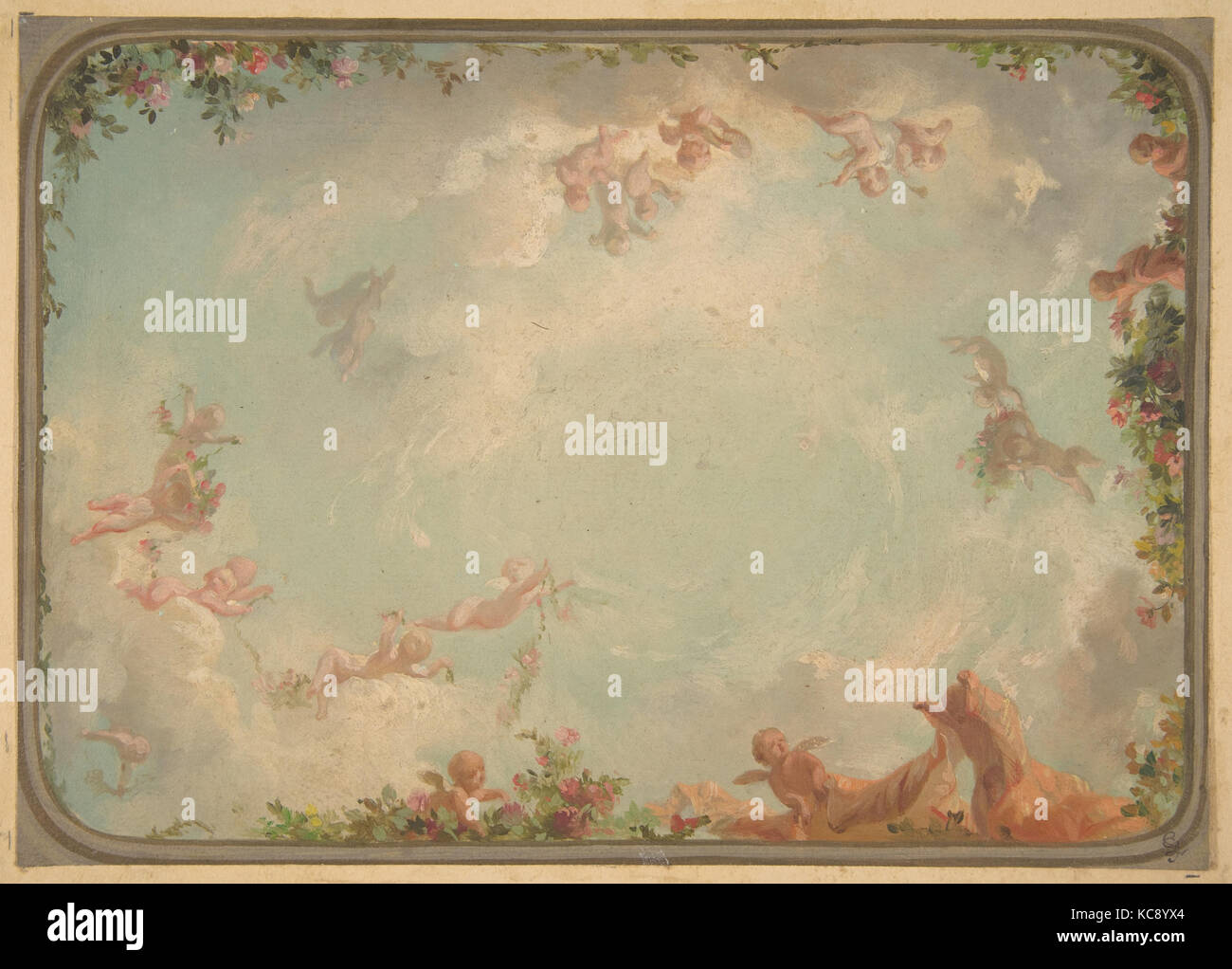 Design for a ceiling painted with putti in clouds with roses, Jules ...