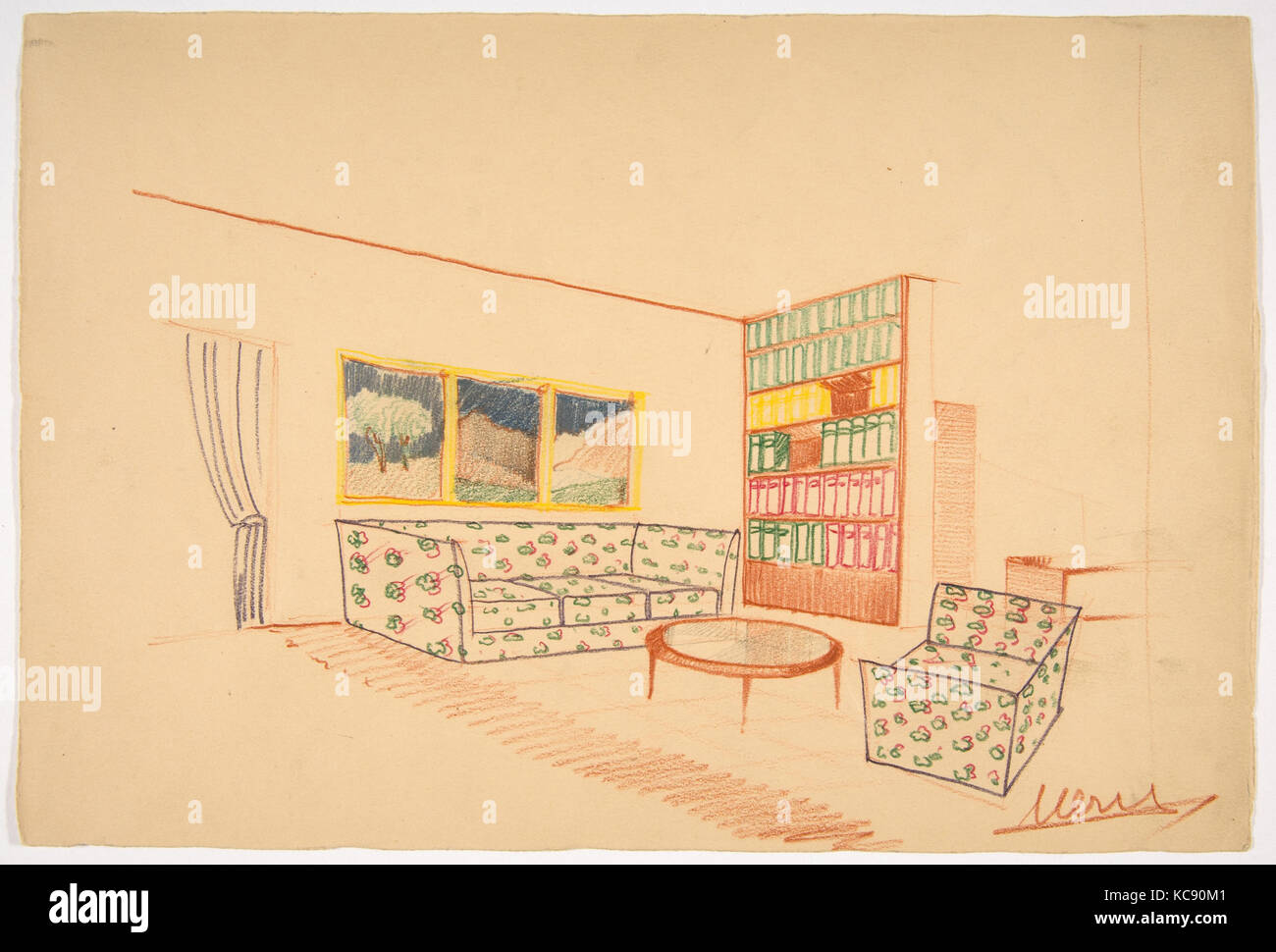 Perspective of Living Room with Bookcase-Divider, Guglielmo Ulrich, ca ...