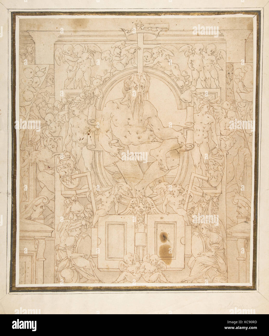 Design for a Wall Decoration with a River God and Putti carrying the ...