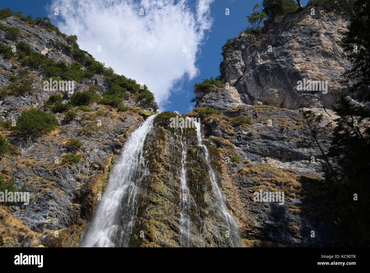 climbers at the via ferrata at Dalfaz waterfall, Dalfazer Wasserfall ...