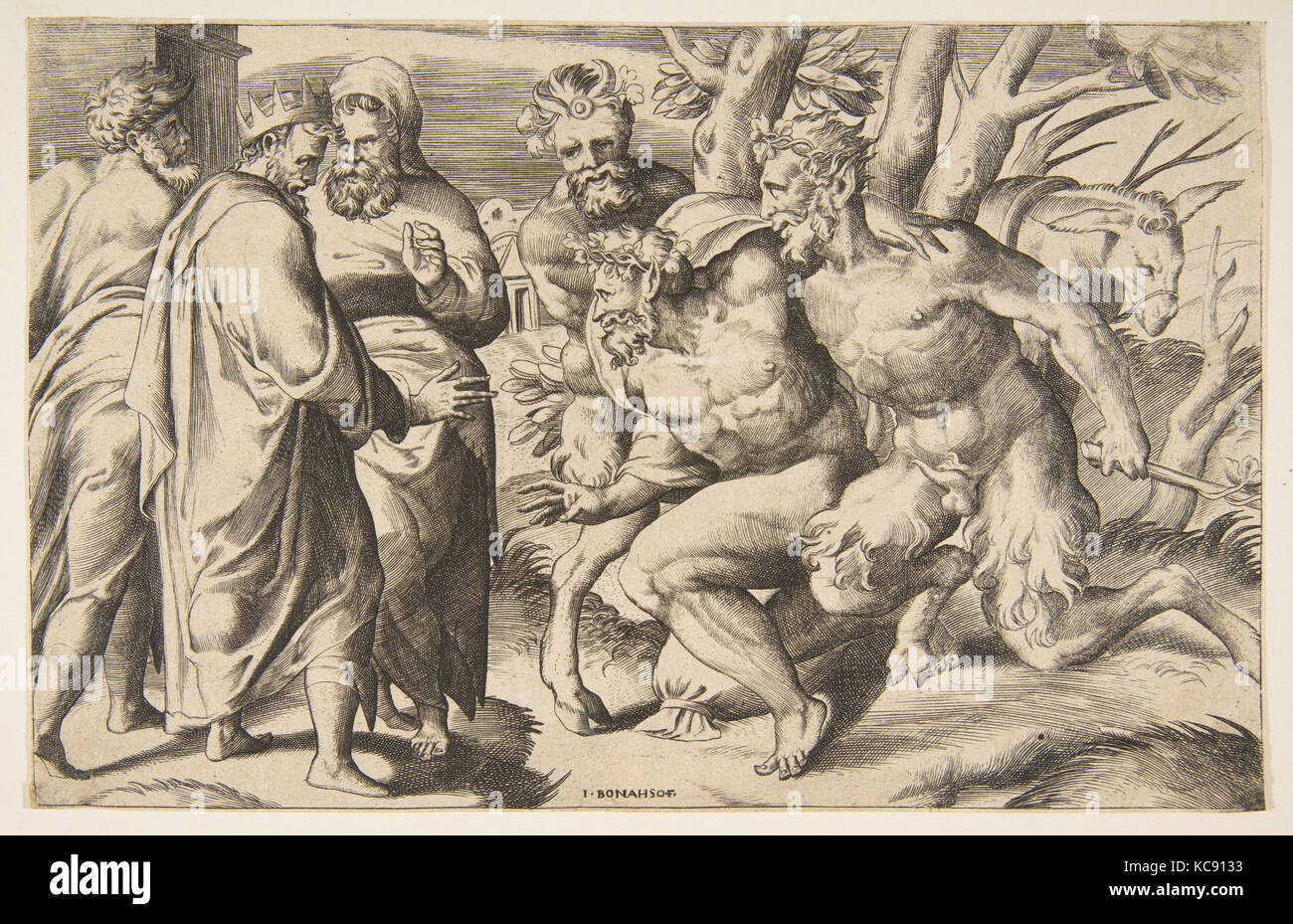 Two satyrs brining Silenus King Midas standing at the left, Giulio ...