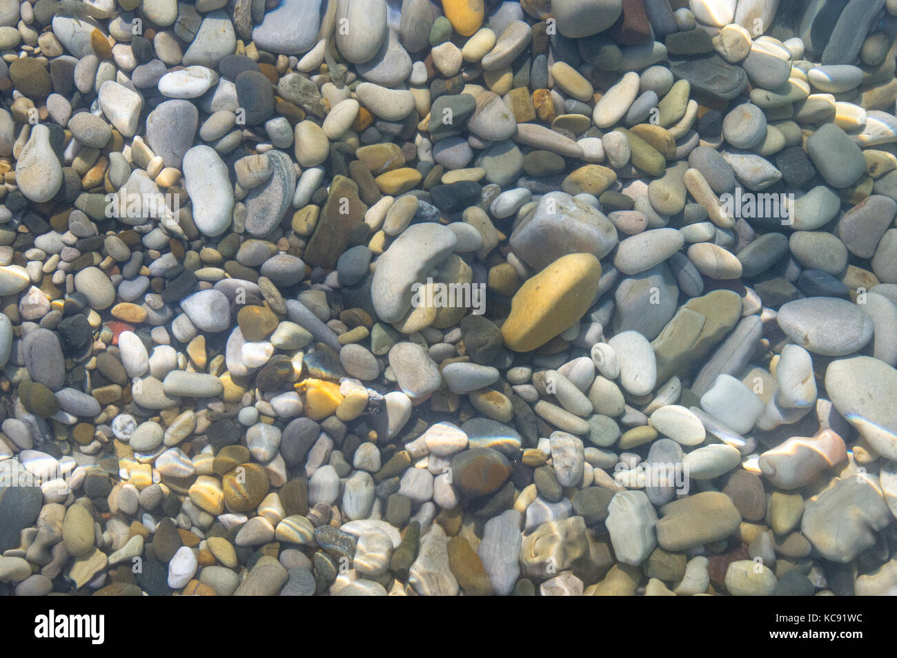 sea pebble beach with multicoloured stones, transparent waves with foam ...