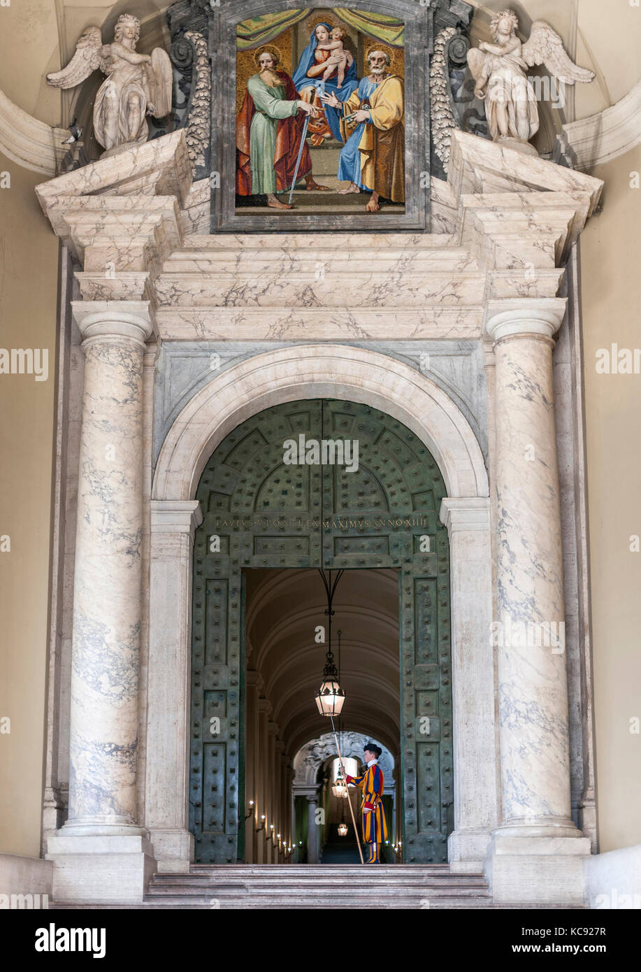 Pontifical Swiss guard (aka Papal Swiss guard) armed with a halberd and ...