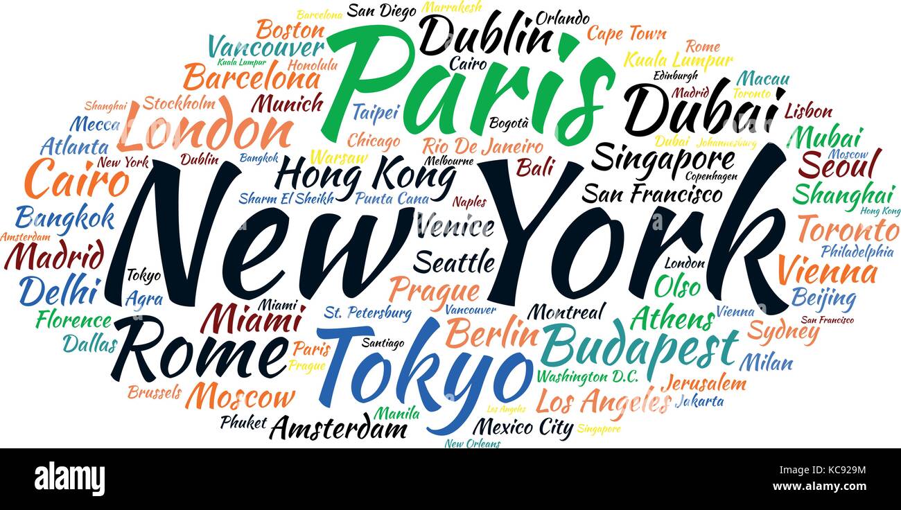 Tag cloud about famous cities made of words collage isolated on white ...
