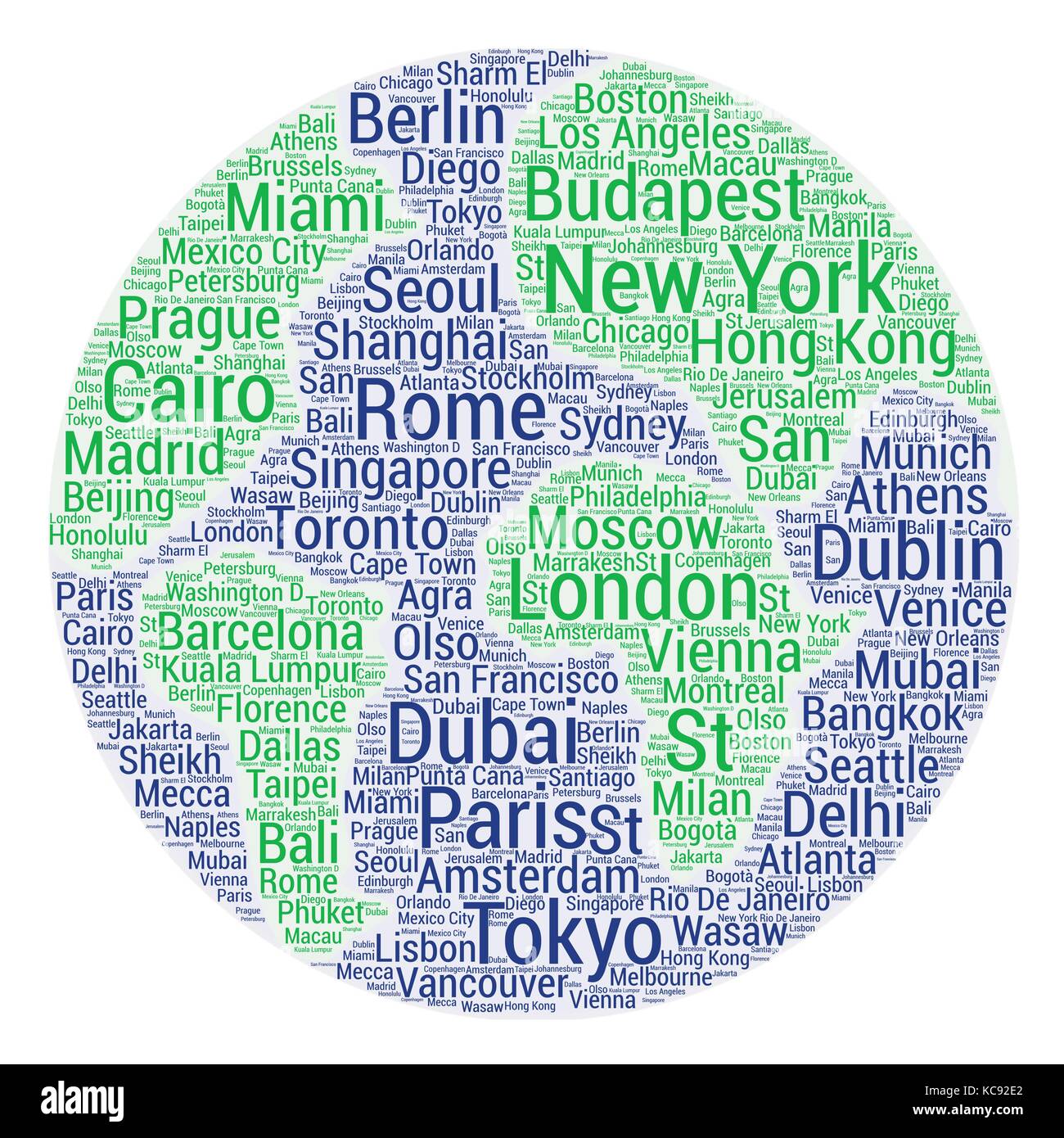 Tag cloud about famous cities made of words collage isolated on white ...