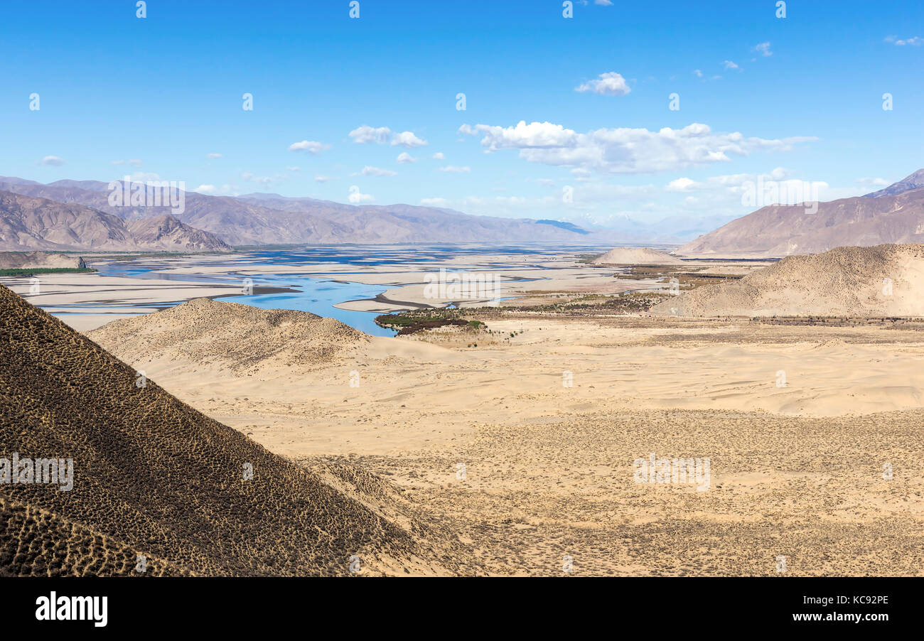 Brahmaputra river, desert and mountain landscape - Tibet Stock Photo ...