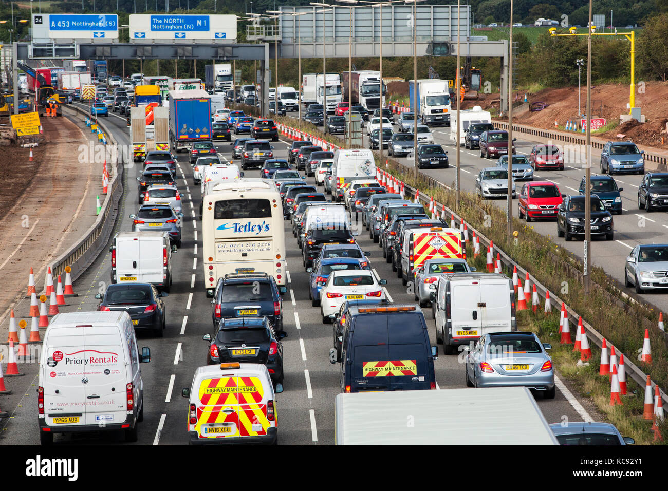 Tailbacks on the M1 motorway in the East Midlands caused by roadworks ...