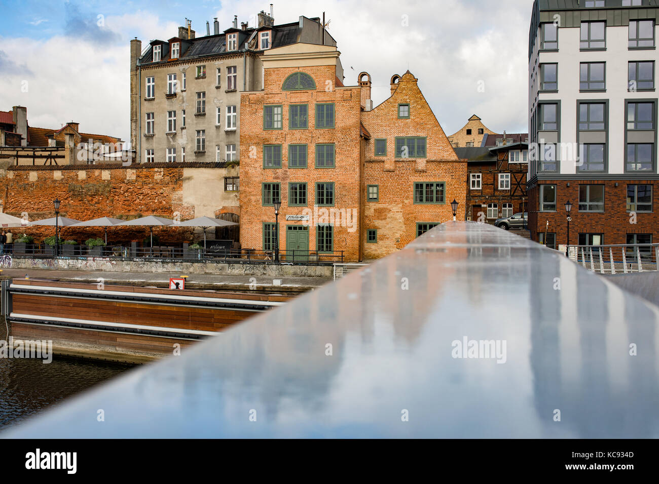 View from new, modern footbridge, drawbridge, overpass in Gdansk ...