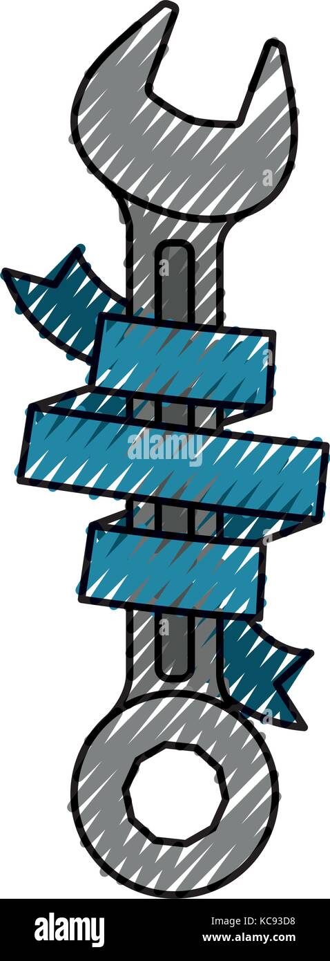 spanner tool with blue ribbon around colored crayon silhouette Stock ...