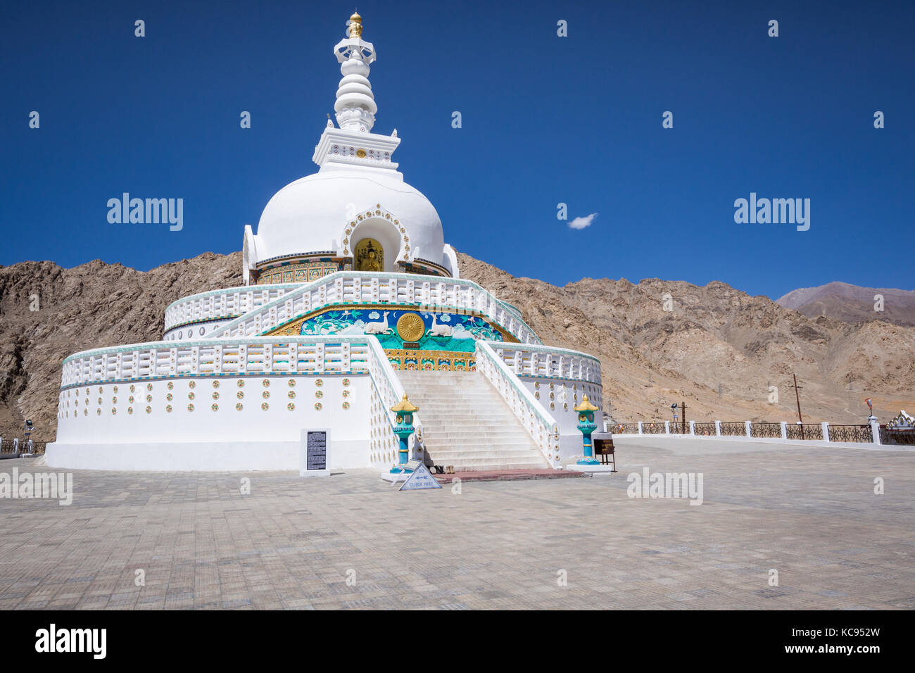 View of Tall Shanti stupa with beautiful sky, the big stupa in Leh and ...