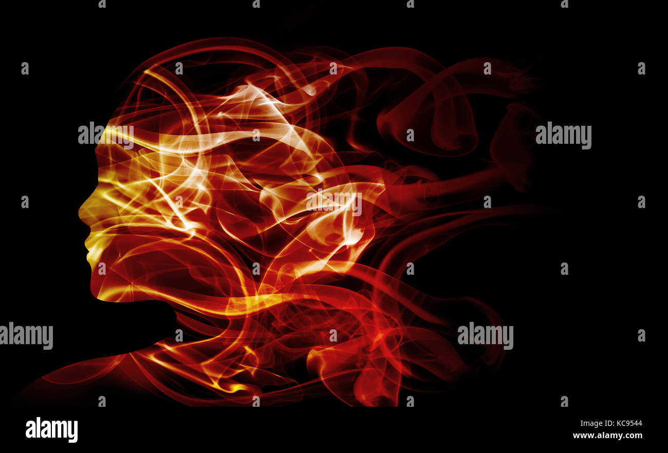 Double exposure of woman head and fiery smoke Stock Photo - Alamy