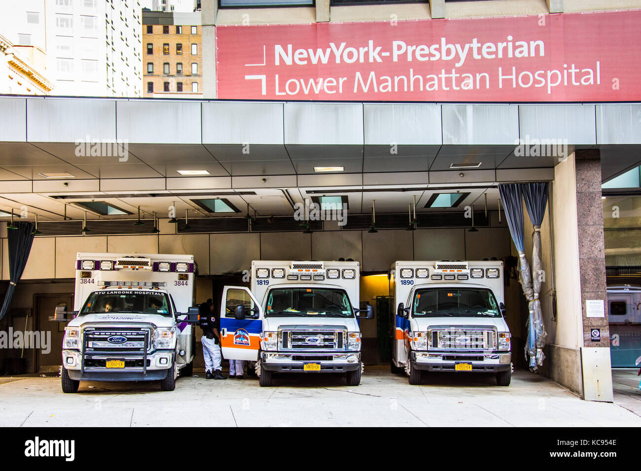 Ambulances waiting at Neww York Presbyterian Hospital, Lower Manhattan ...
