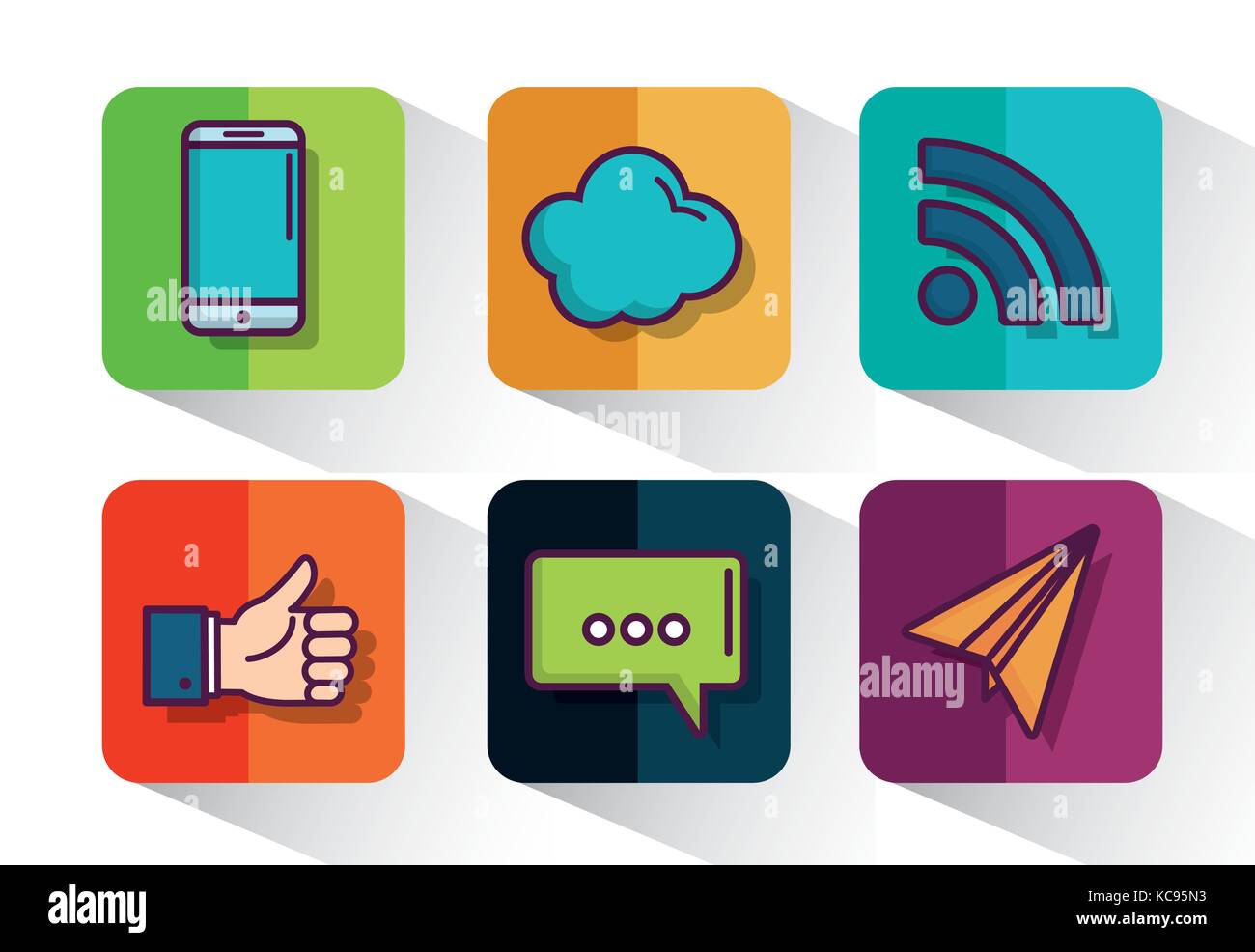 social network related icons over colorful squares and white background ...