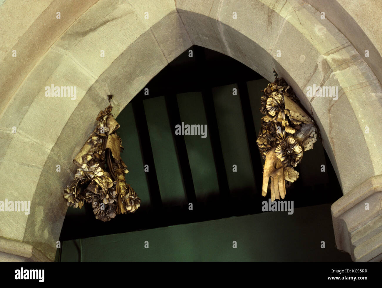 Paper garlands, rosettes & gloves (virgin crants or crantses) hanging ...
