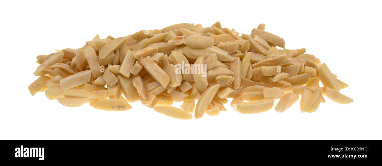 A small serving of slivered almonds isolated on a white background ...