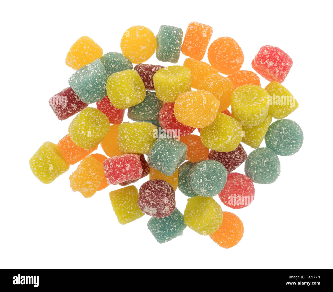 Top view of a portion of sugar coated gummy candy pieces isolated on a ...