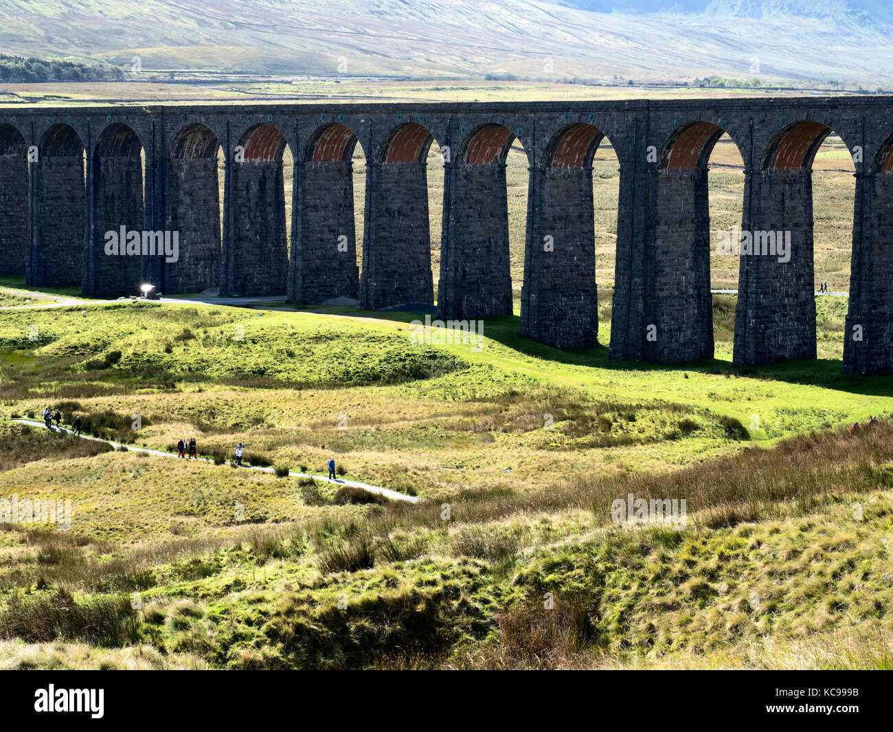 Walkers on a path under the Ribblehead Viaduct the largest viaduct on ...