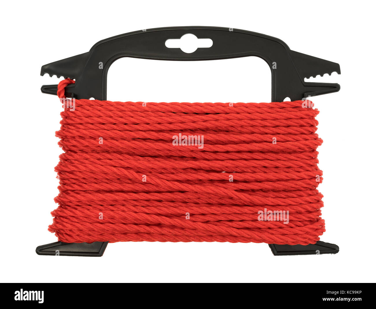 Top view of new red polypropylene rope wound on a black plastic winder ...