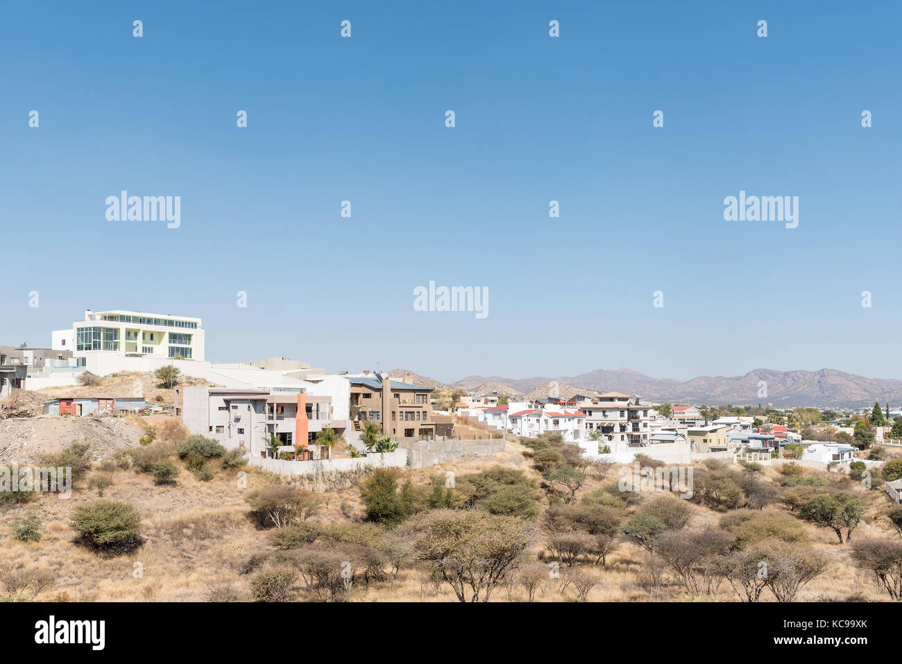 WINDHOEK, NAMIBIA - JULY 4, 2017: A view of Auasblick, a suburb of ...