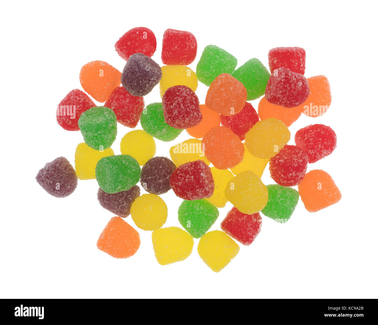 Top view of a portion of assorted flavors of gummy drop shaped candy ...