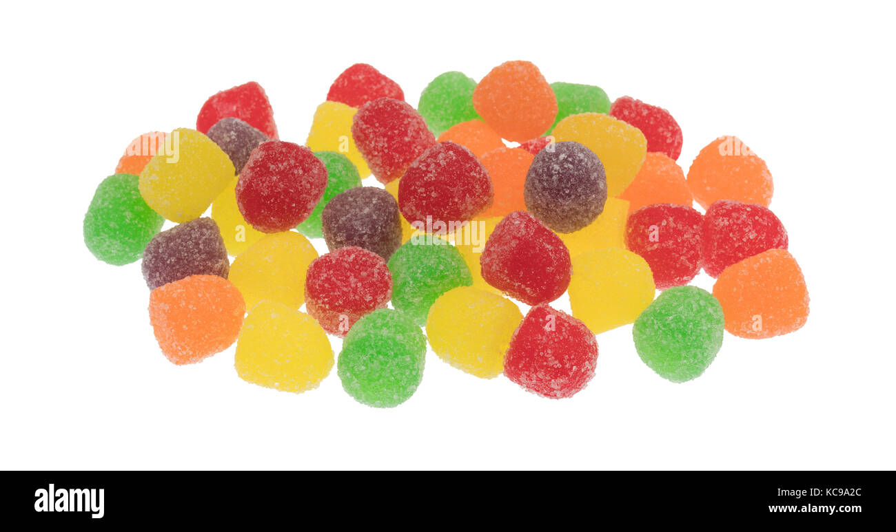 A portion of assorted flavors of gummy drop shaped candy isolated on a ...