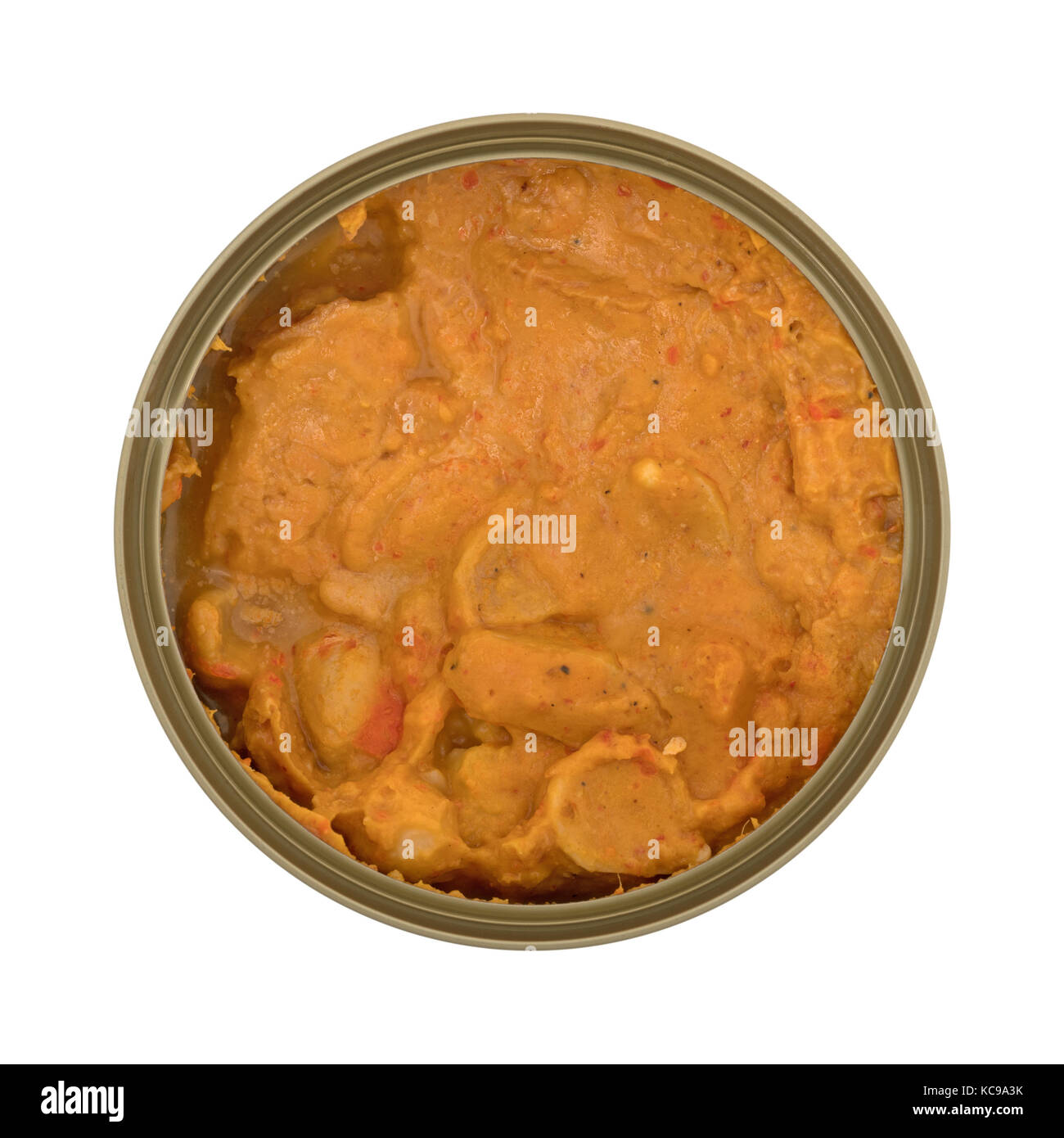 Top view of an opened can of red curry flavored tuna fish isolated on ...