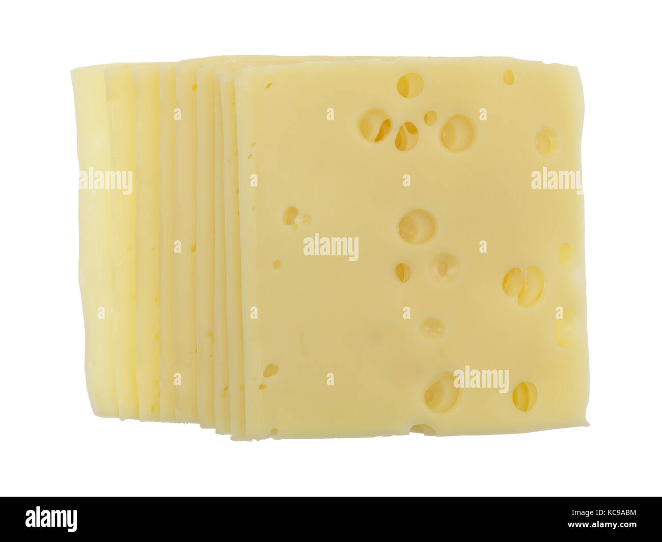 Top view of several slices of low sodium Swiss cheese isolated on a ...