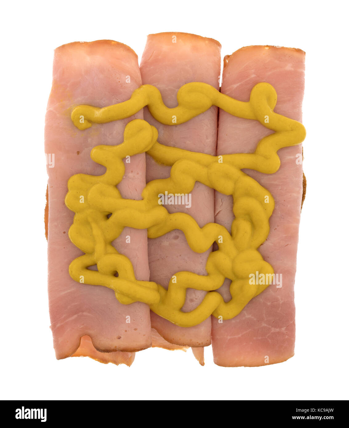 Top view of Virginia ham with mustard atop a slice of bread isolated on ...