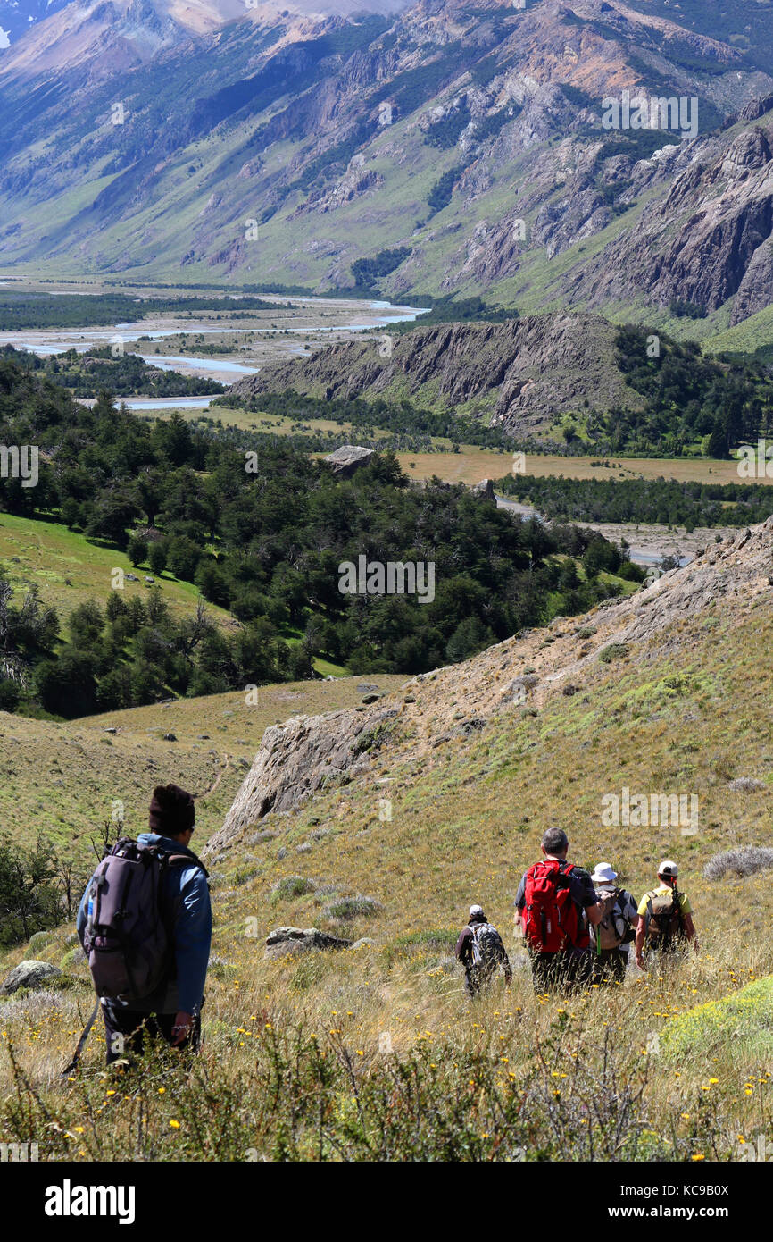 EL CHALTEN, ARGENTINA, DECEMBER 24 : Walkers on paths of Fitz Roy range ...