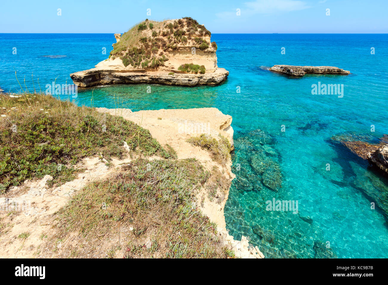 Picturesque seascape with white rocky cliffs, sea bay and islets at ...