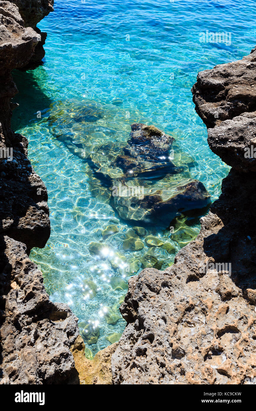Paradise sea bay with azure water and beach view from coastline trail ...