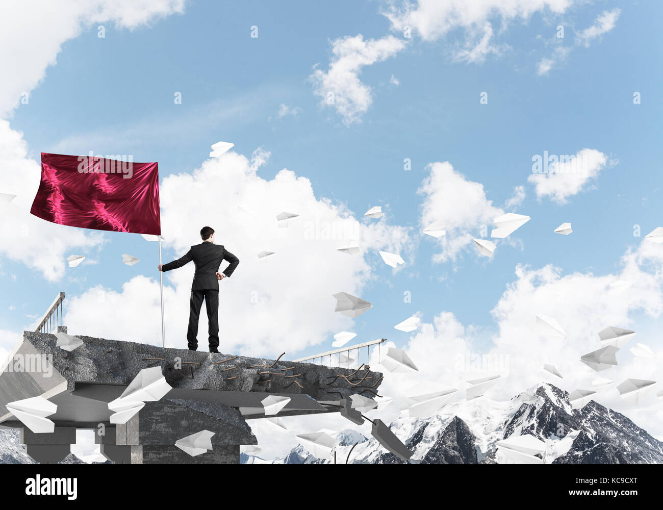 Man with flag presenting leadership concept Stock Photo - Alamy